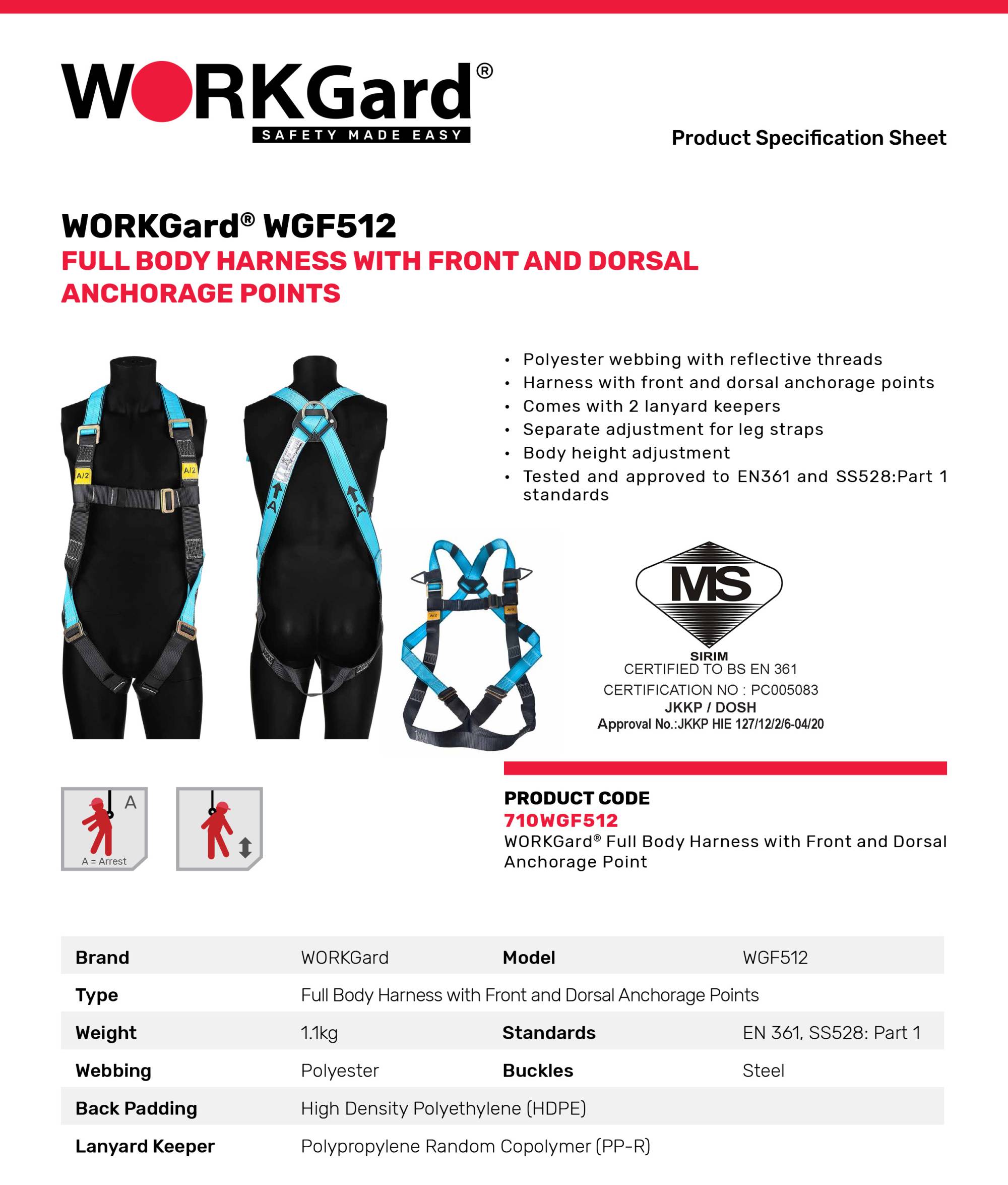 WORKGard WGF512 Full Body Harness with Fro nt and Dorsal Anchorage Points