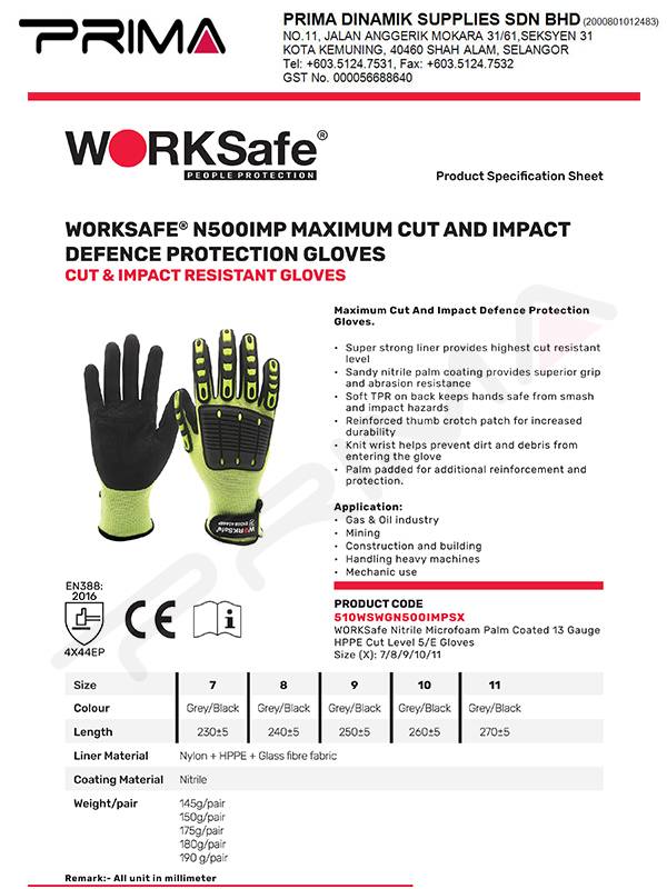 WORKsafe Nitrile Microfoam Palm Coated 13 Gauge HPPE Impact Safety ...