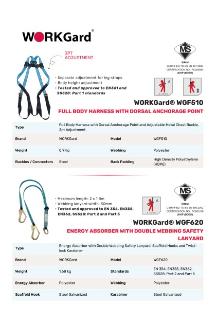 WORKGard Full Body Harness & double Lanyard WGF510 and WGF620